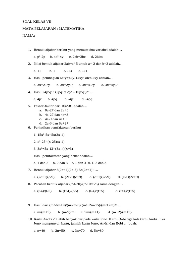 Soal Kelas Vii | PDF