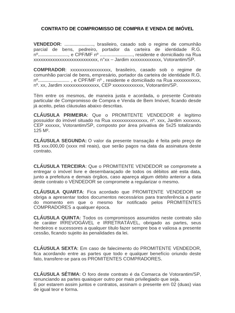 Contrato de Compromisso de Compra e Venda de Imóvel Modelo | PDF