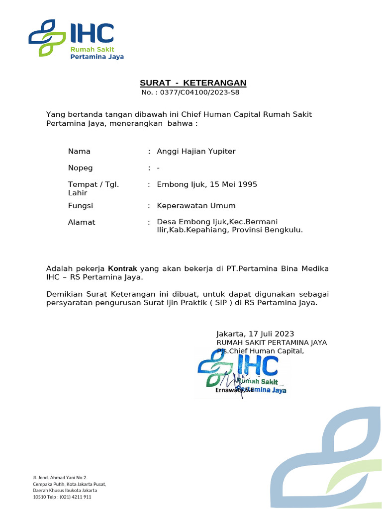 Surat Keterangan IHC - Anggi Hajian Yupiter | PDF