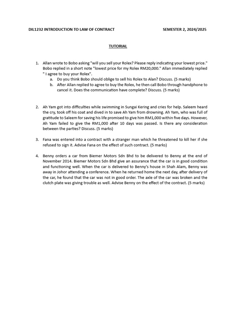 Law of Contract Tutorial Guide 2024 | PDF