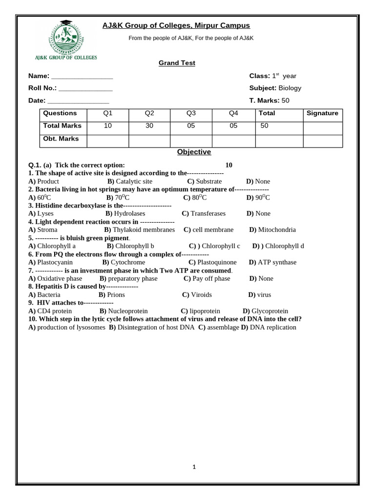 1st Year Biology Grand Test | PDF | Molecular Biology | Life Sciences