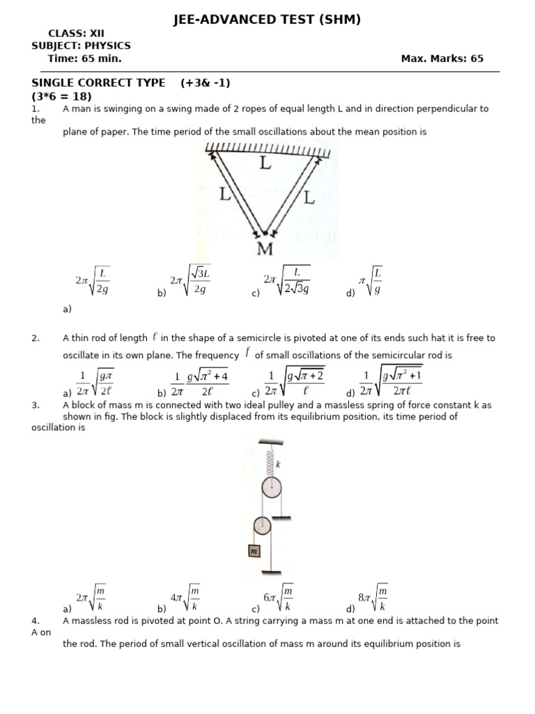 PHYSICS - CLASS XII - JEE-ADVANCED (Simple Harmonic Motion) - TEST-I ...