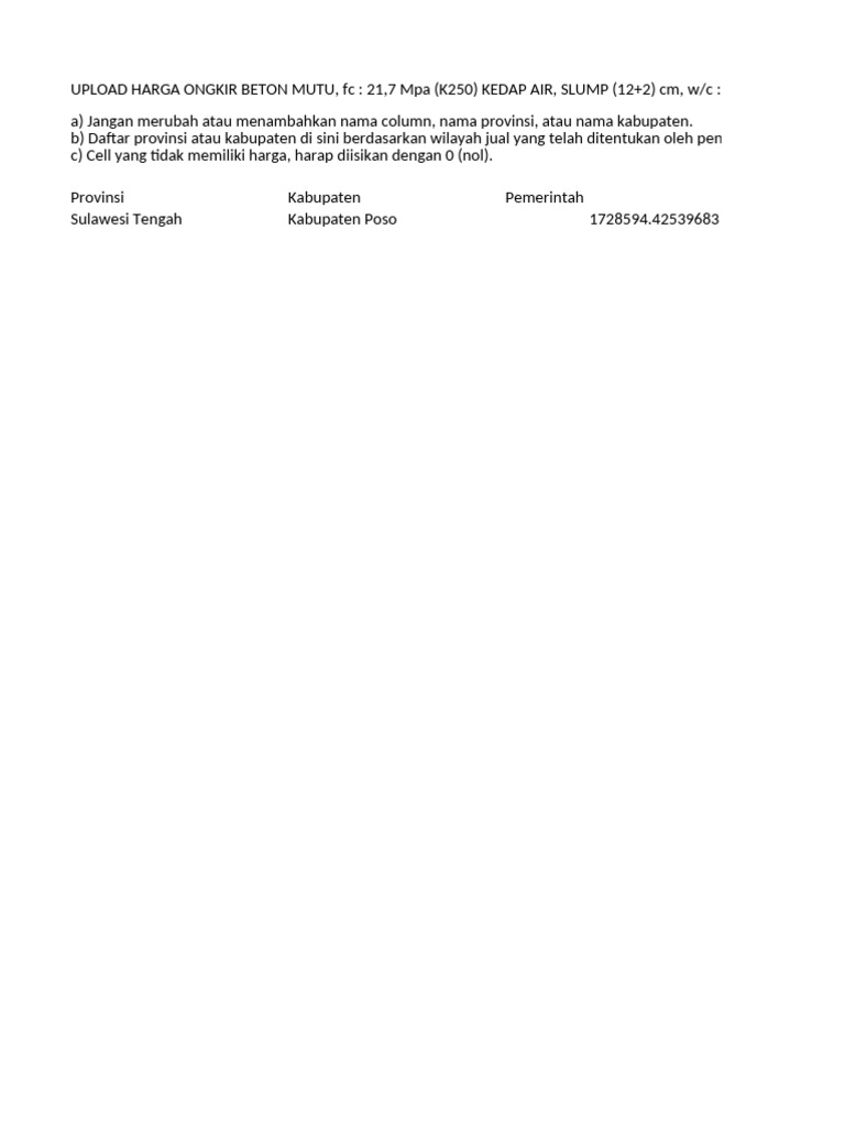 Template Harga Produk BETON MUTU, fc _ 21,7 Mpa (K250) KEDAP AIR, SLUMP ...