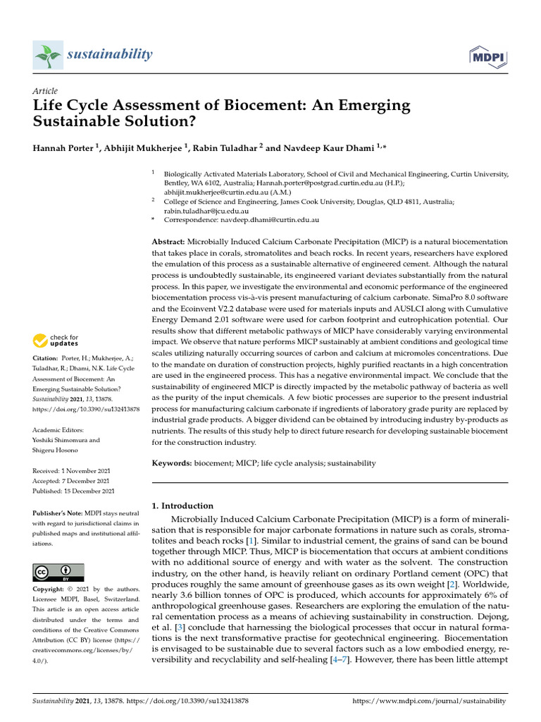 Porter Et Al. - 2021 - Life Cycle Assessment of Biocement An Emerging ...