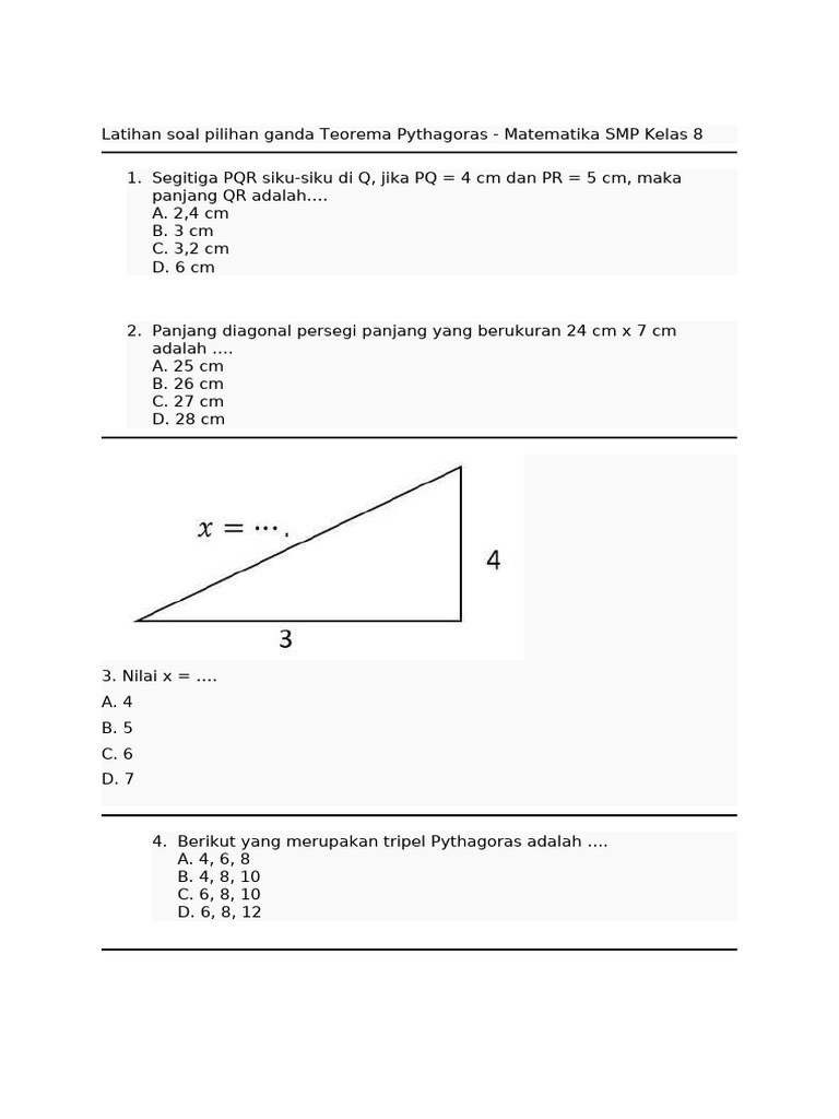 Latihan soal pilihan ganda Teorema Pythagoras kelas 8 | PDF