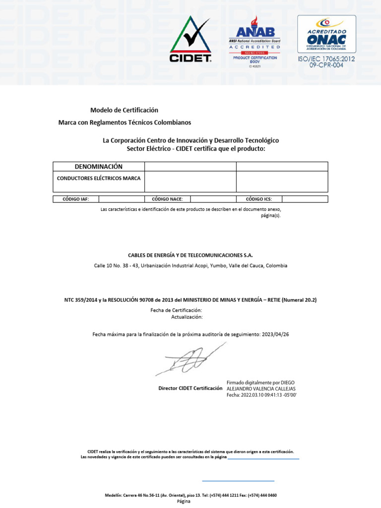 Certificado 07785 Alambres de Cobre Duro Semiduro y Suave ASTM B1 | PDF ...