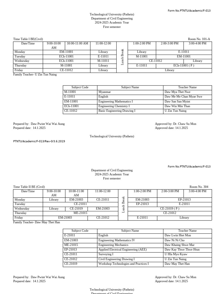 New 2024-2025 First To Sixth Timetables (First Term) - New | PDF ...