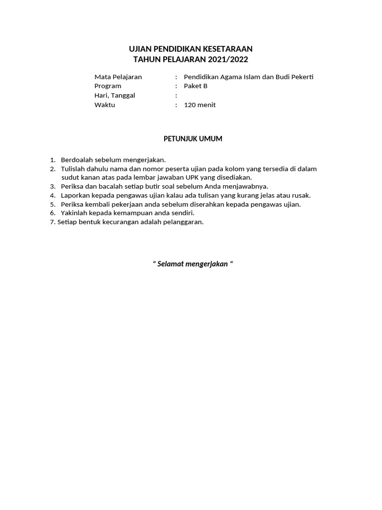 Soal UPK Paket B PAI Dan Budipekerti Revisi | PDF