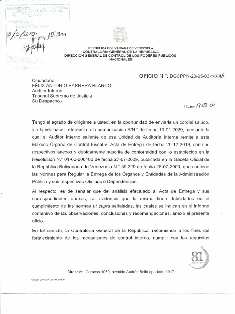 Informe Acta de Entrega CGR UAITSJ 20205 | PDF