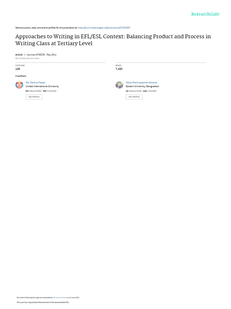 Approaches To Writing in EFLESL Context Balancing Product and Process ...