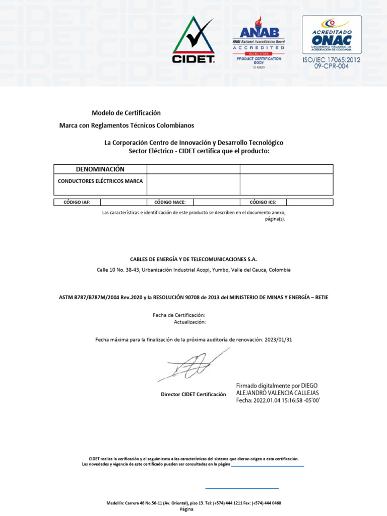 Certificado 07573 Conductores de Cobre 19 Alambres Unilay Combinados ...