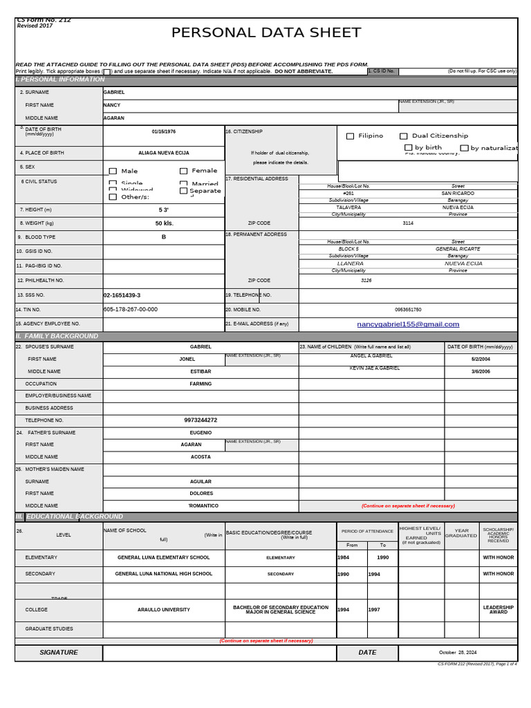 Cs Form No. 212 Revised Personal Data Sheet - New | PDF | Government
