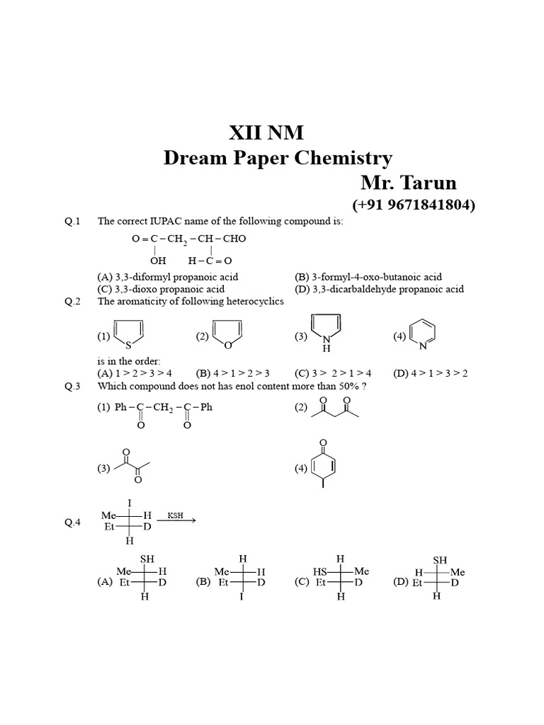 12TH NM DREAM TEST (CHEM.) 13.1.2025 | PDF | Acid | Ph