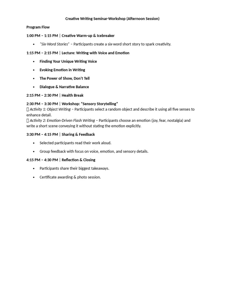 Creative Writing Workshop Overview | PDF | Emotions | Psychology