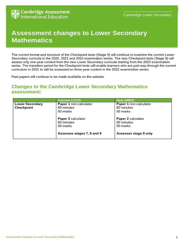 Assessment Changes To Lower Secondary Mathematics Checkpoint - tcm143 ...