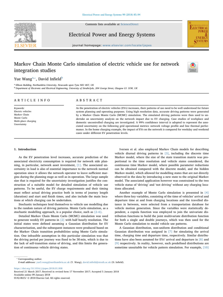 Markov Chain Monte Carlo Simulation of Electric Vehicle Use For Network | PDF | Markov Chain ...