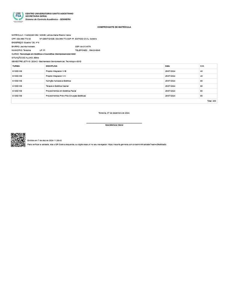Comprovante de MATRÍCULA | PDF