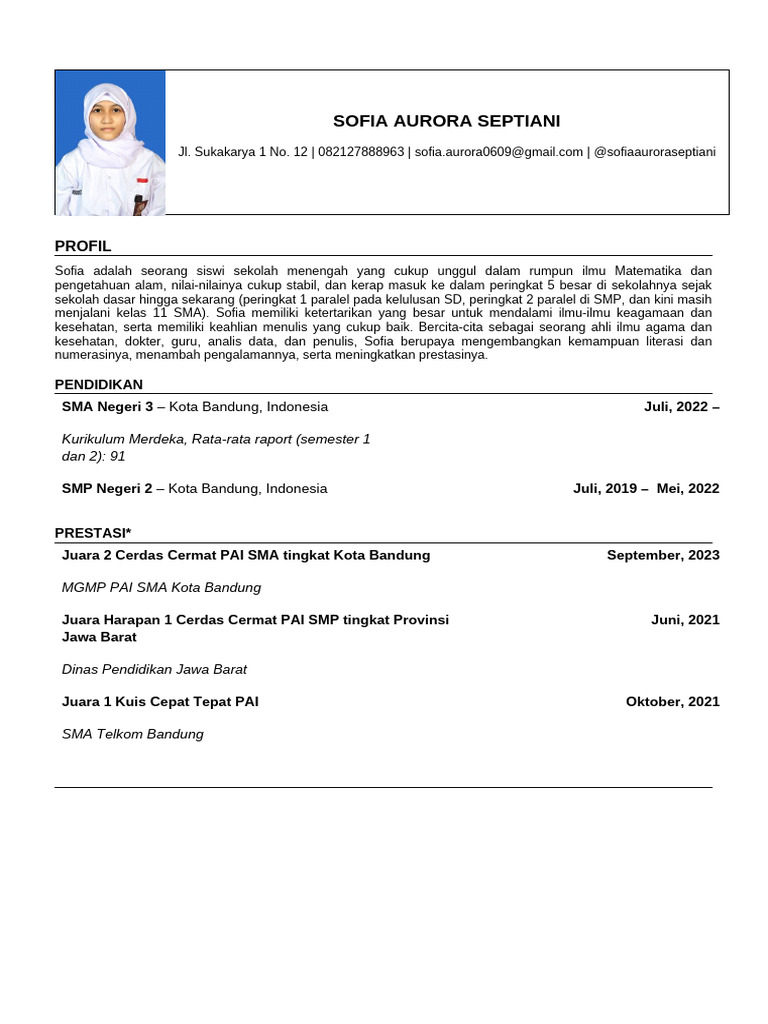 CV - Sofia Aurora Septiani | PDF