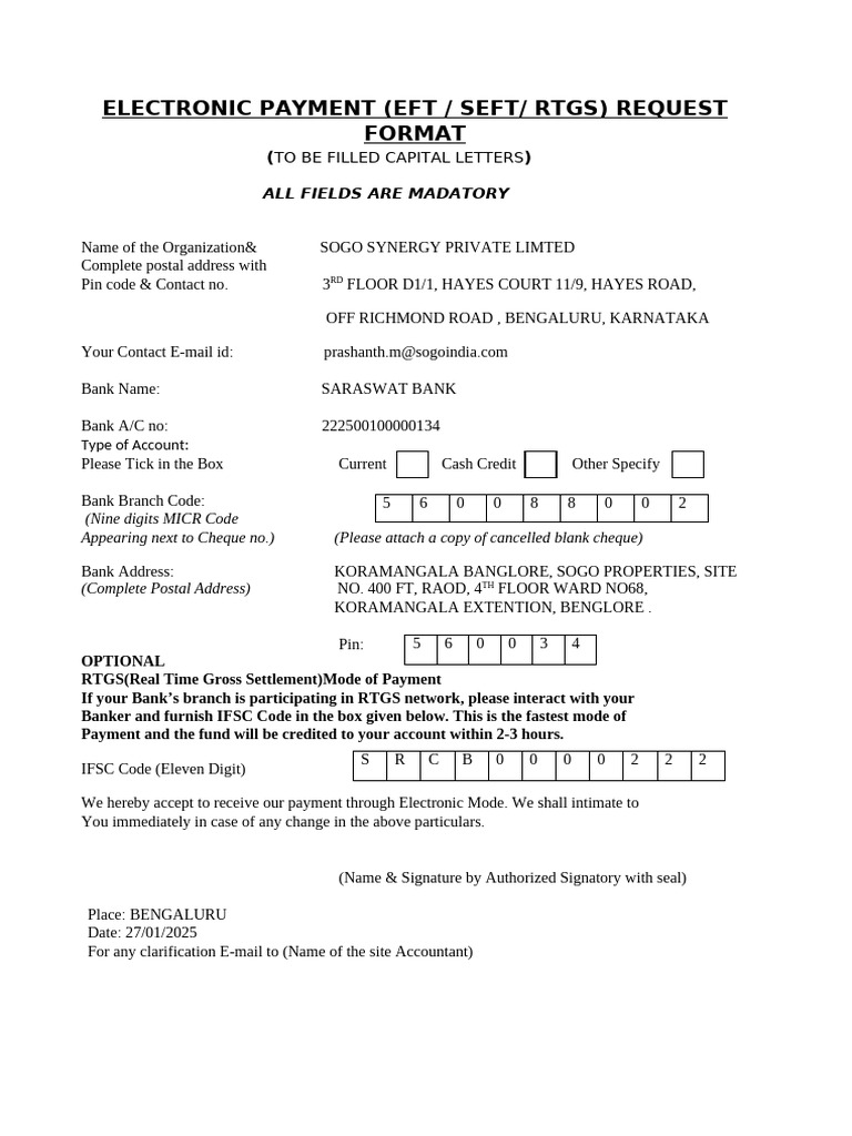 Electronic Payment (Eft / Seft/ RTGS) Request Format: All Fields Are Madatory | PDF