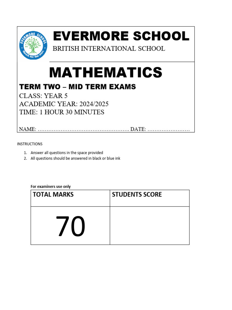 Year 5 Mid Term Exam Paper 2025 | PDF