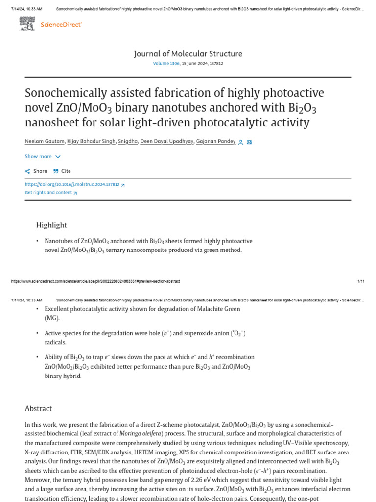 2024 Sonochemically Assisted Fabrication of Highly Photoactive Novel ZnO - MoO3 Binary Nanotubes ...