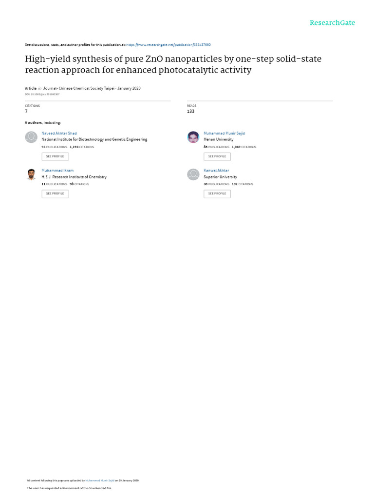 High Yield Synthesis of Pure ZnO Nanoparticles by One Step Solid State ...