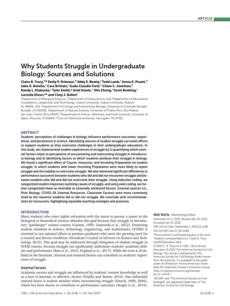 Why Students Struggle in Undergraduate __Biology_ Sources and Solutions ...