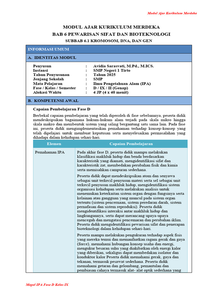 Modul Ajar Bab 6 Pewarisan Sifat Dan Bioteknologi | PDF