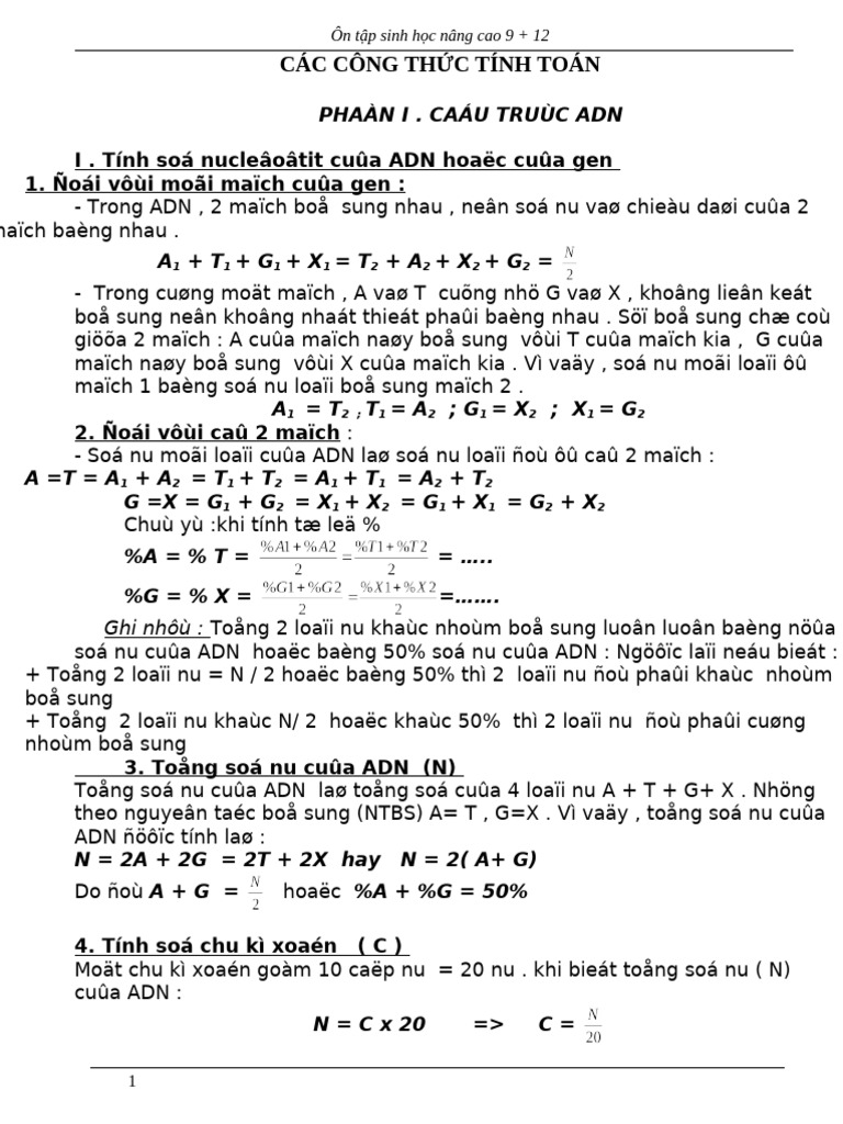 Cac Cong Thuc Tinh Toan Sinh 9 | PDF