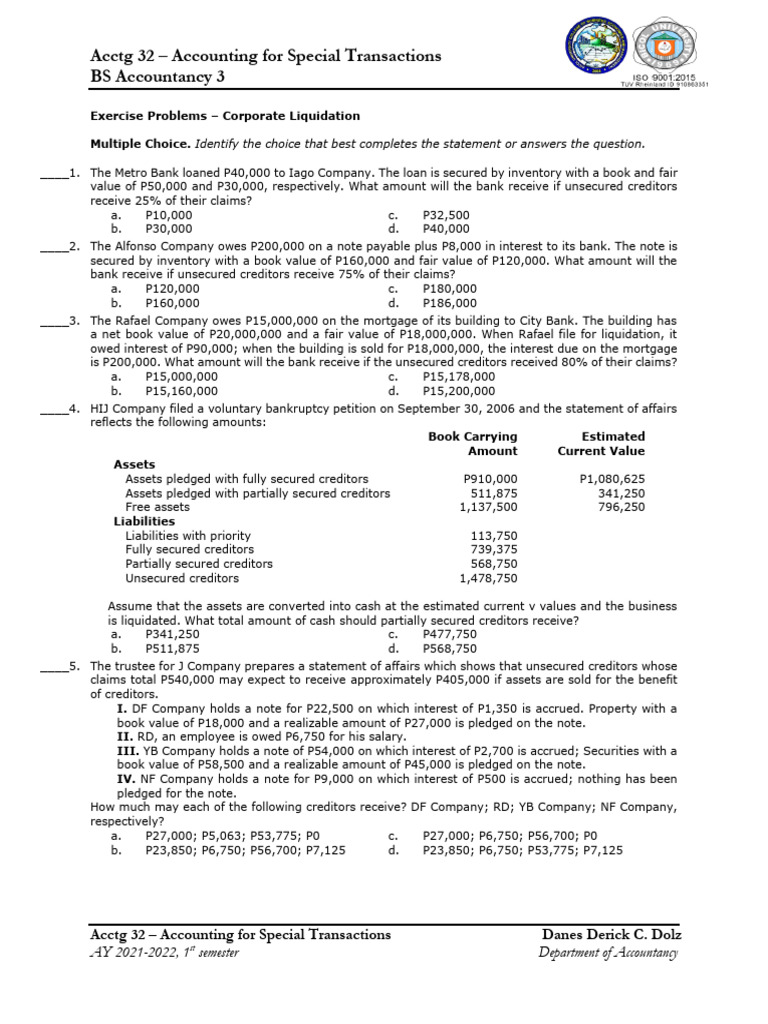 Corporate Liquidation Exercise Problems | PDF | Unsecured Debt | Debt
