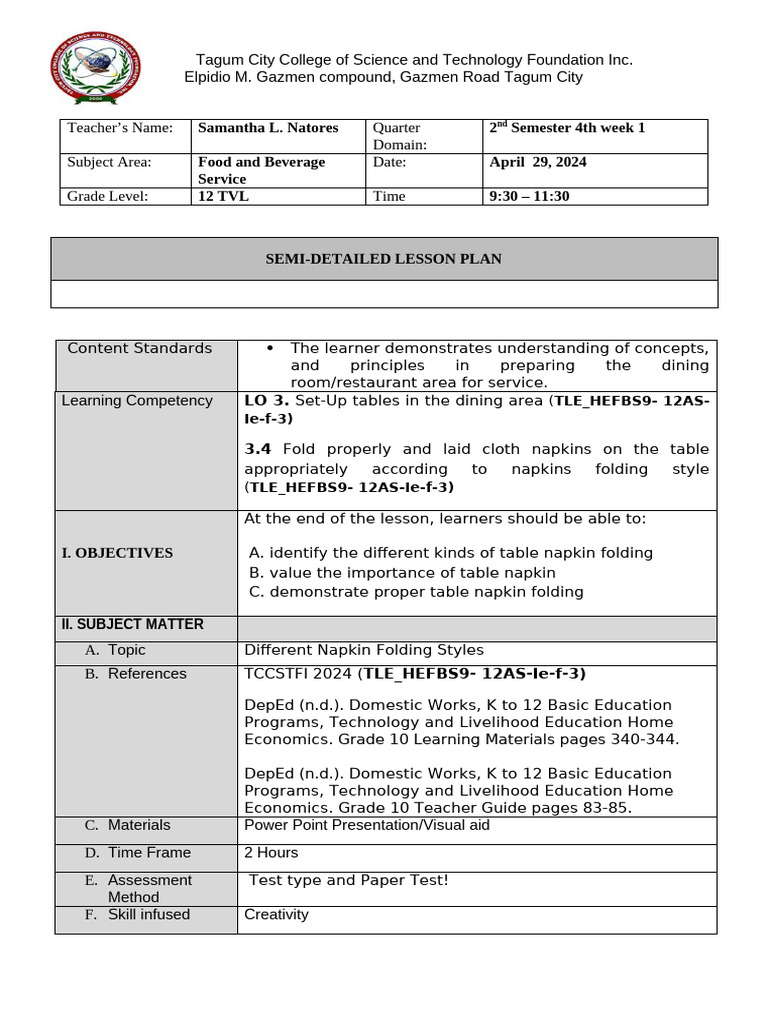 Table Napkin Folding Final Nani | PDF | Lesson Plan | Learning