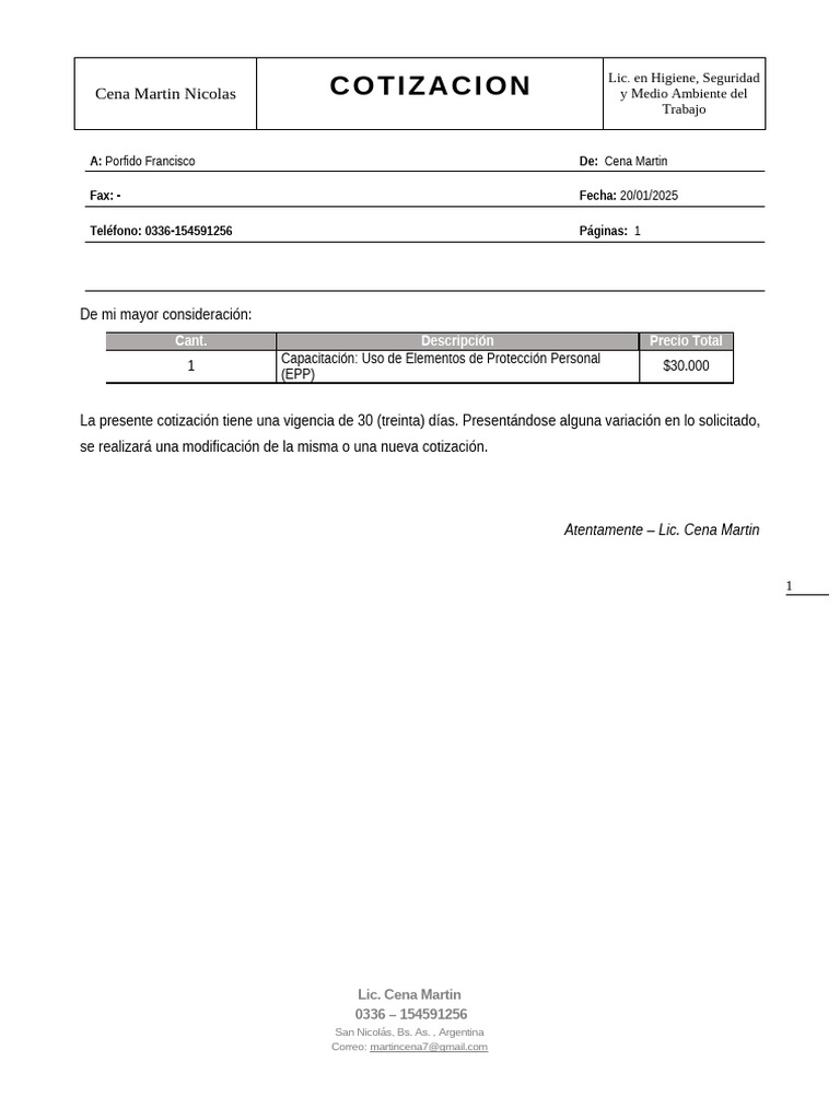 Cotización Capacitación en EPP | PDF