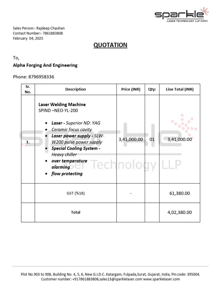 Quotation for SLW-200 Laser Welder | PDF | Laser | Optics
