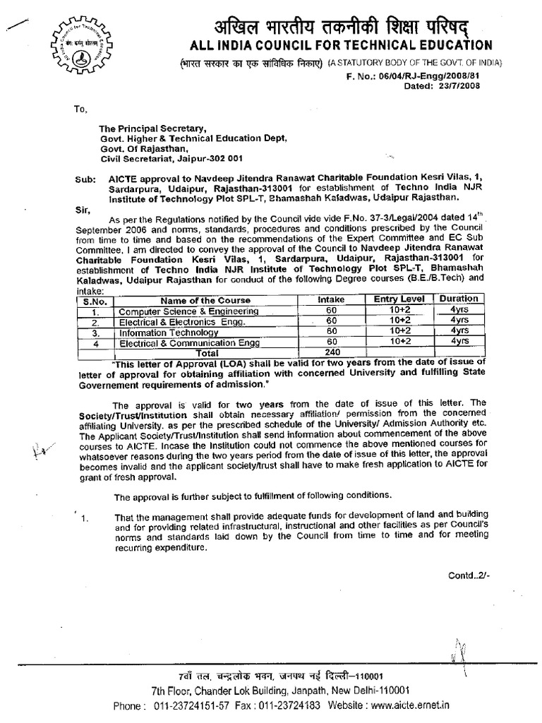 AICTE Approval Letter 2008dfghdfh | PDF