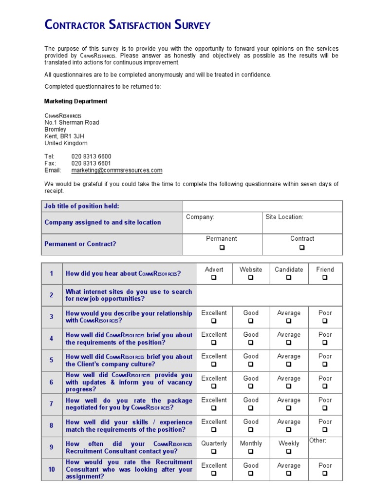 Contractor Satisfaction Survey Form | PDF | Recruitment | Customer Satisfaction