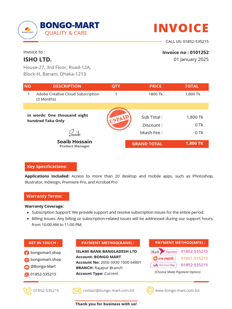Bongo-Mart Invoice no 0101252 (1) | PDF | Invoice | Application Software