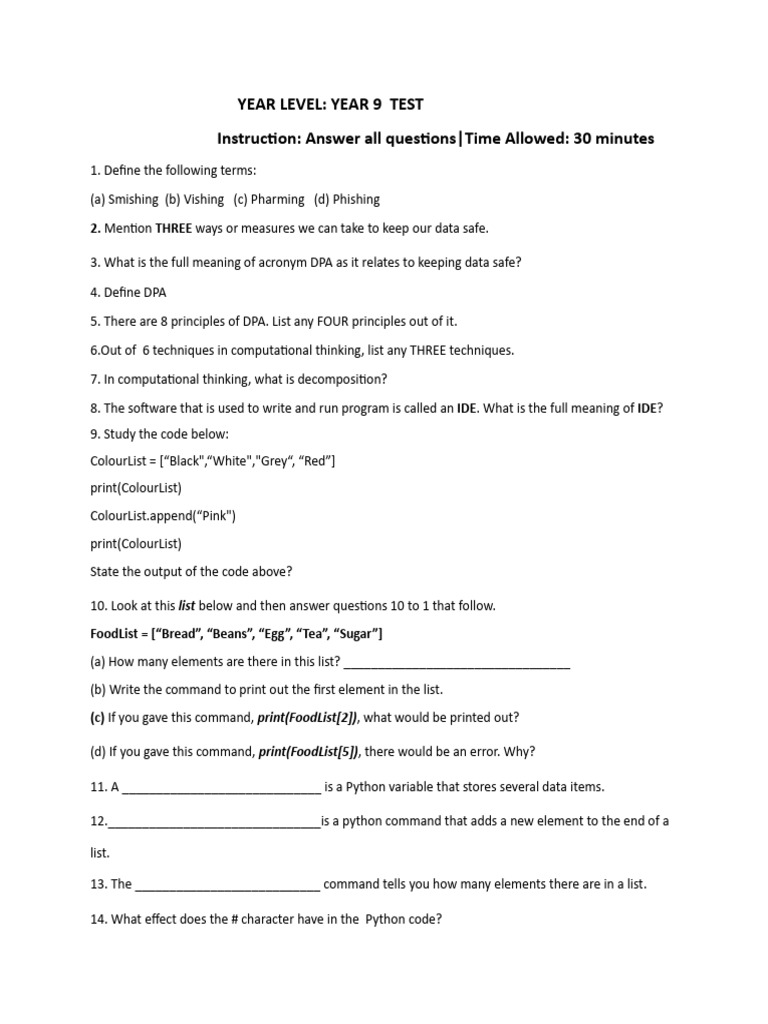 Year 9 Computing Skills Test | PDF