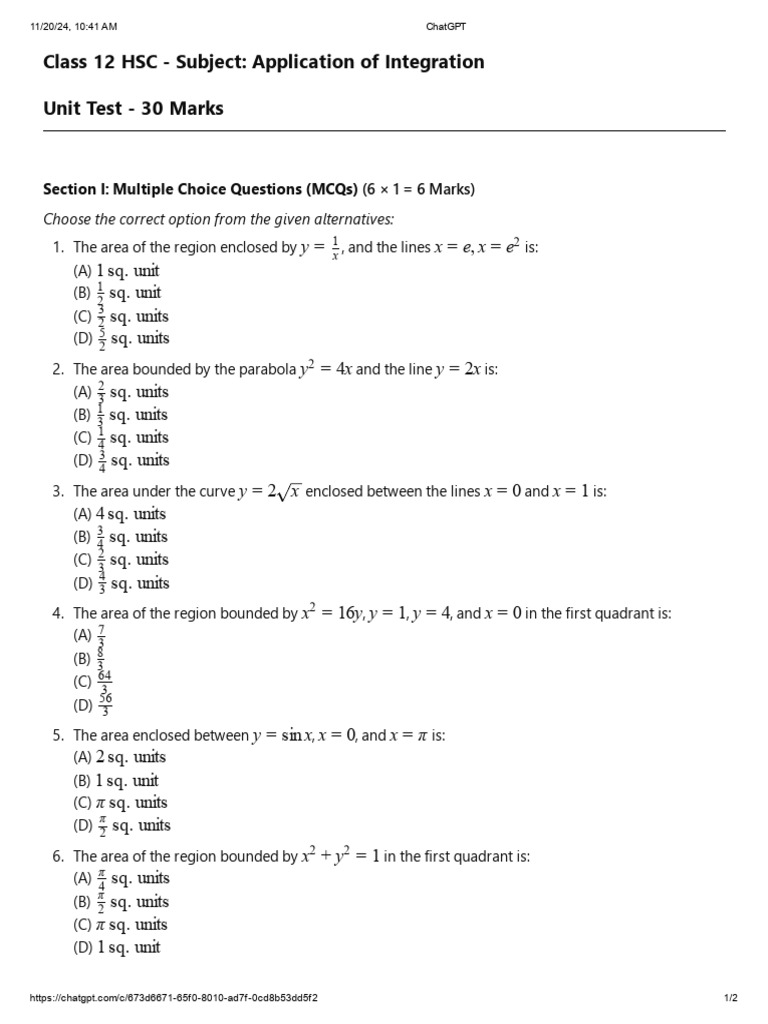 Class 12_ Application of Integration 01 unit test | PDF | Area | Integral