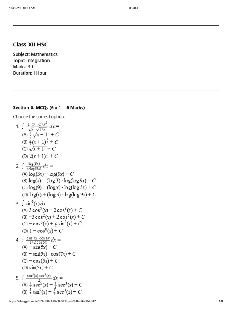 Class 12 - Integration Unit Test | PDF | Geometric Shapes | Elementary ...