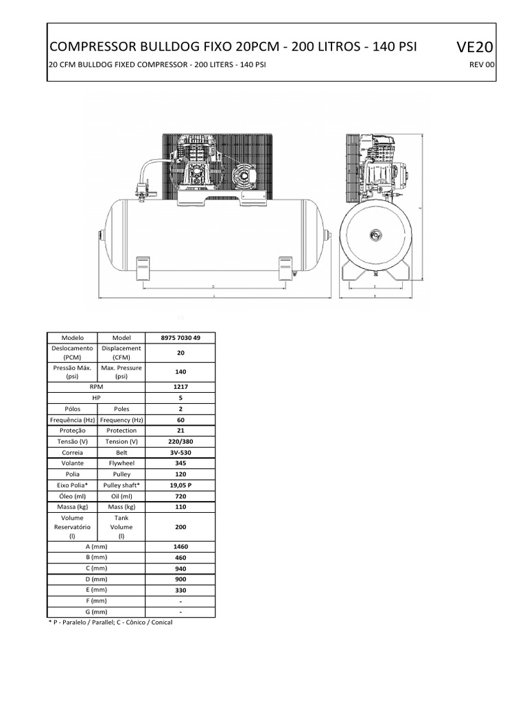 FC Ve04 Compressor Bulldog Fixo 20PCM 200 Litros 140 Psi00 ...