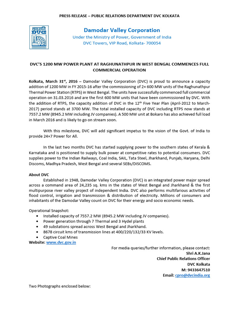 DVC's 1200 MW Plant Now Operational | PDF | Electric Power | Power (Physics)