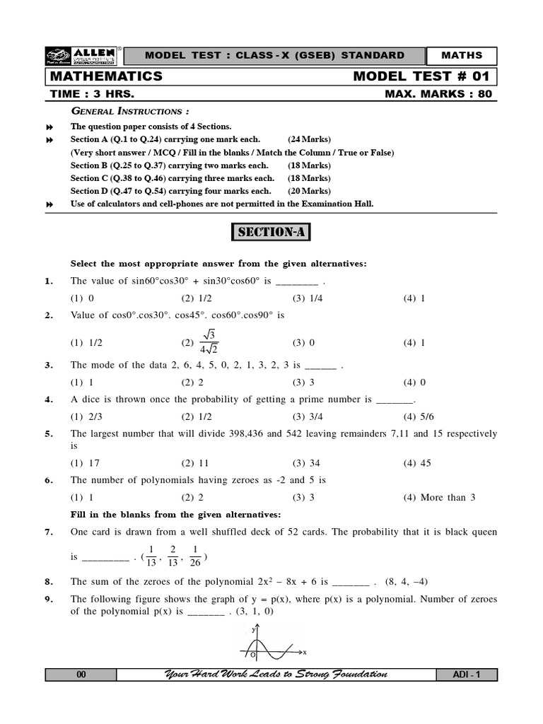 Mathematics Model Test # 01: Section-A | PDF | Circle | Quadratic Equation