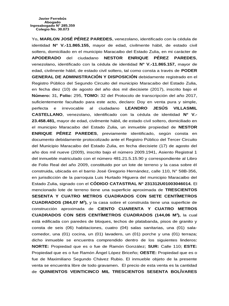 Documento de Compra Venta Leandro Villasmil | PDF