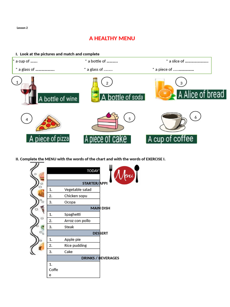 Healthy Menu for Lesson 2 Activities | PDF
