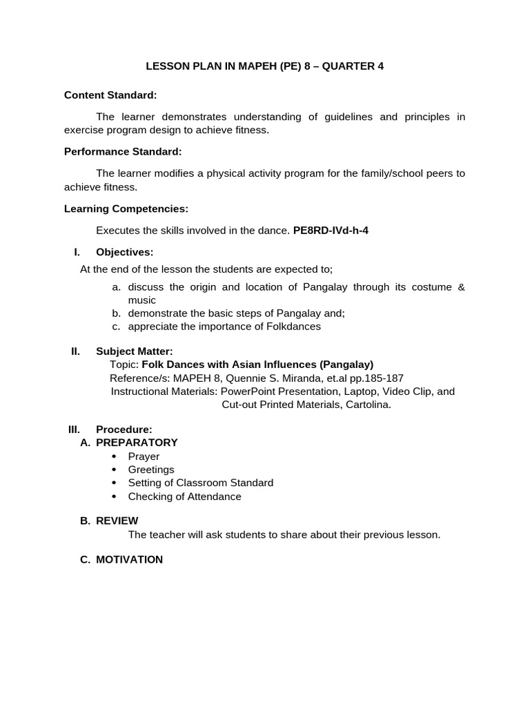 Lesson Plan in PE | PDF