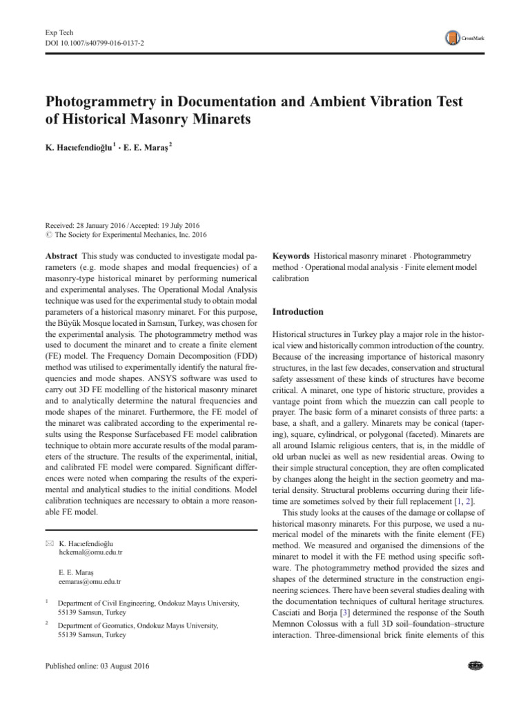 Photogrammetry in Documentation and Ambient Vibration Test of ...