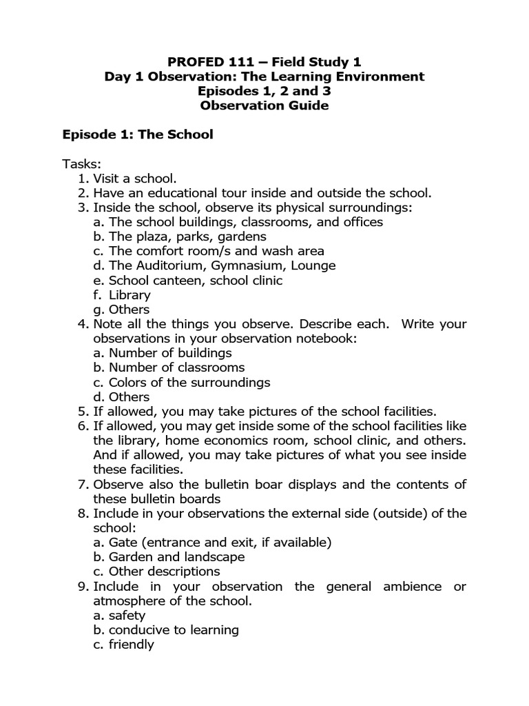 PROFED 111 FS1 Episodes 1 2 3 Observation Guide | PDF | Classroom | Teachers