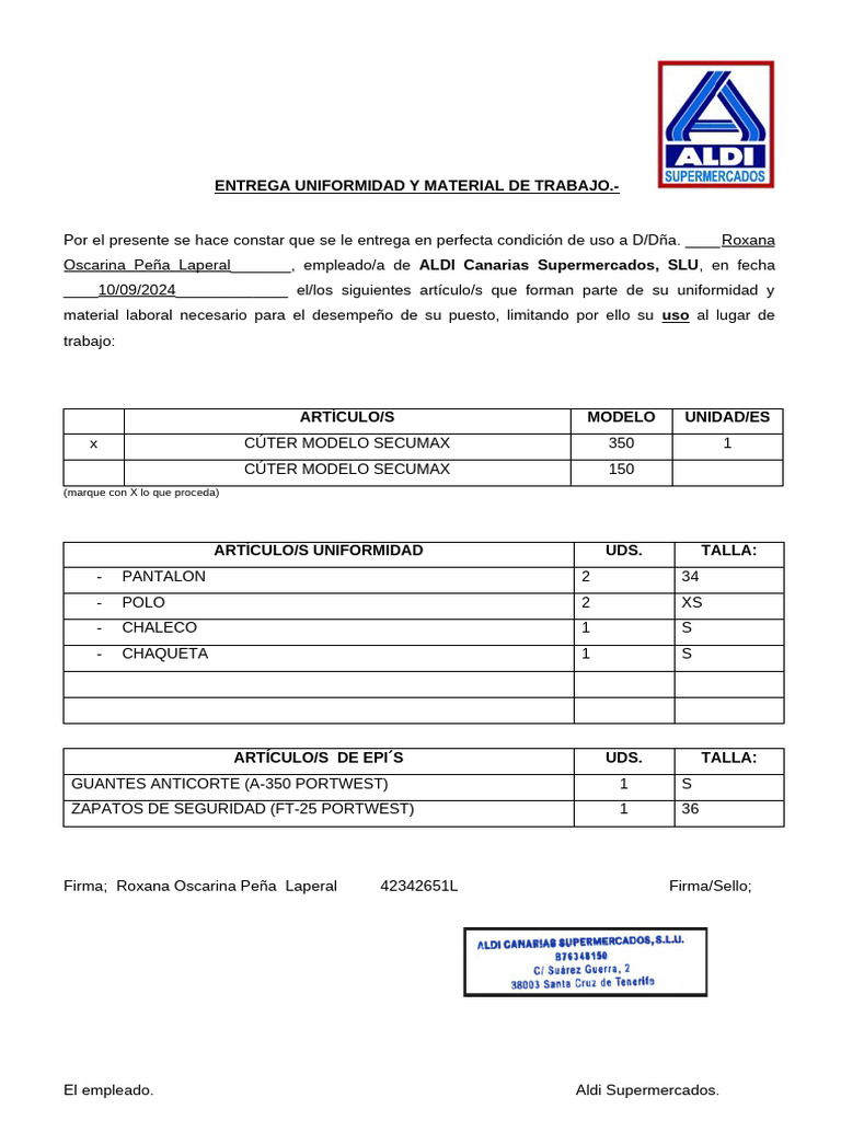 PLANTILLA CONTROL ENTREGA UNIFORME RSO relleno | PDF