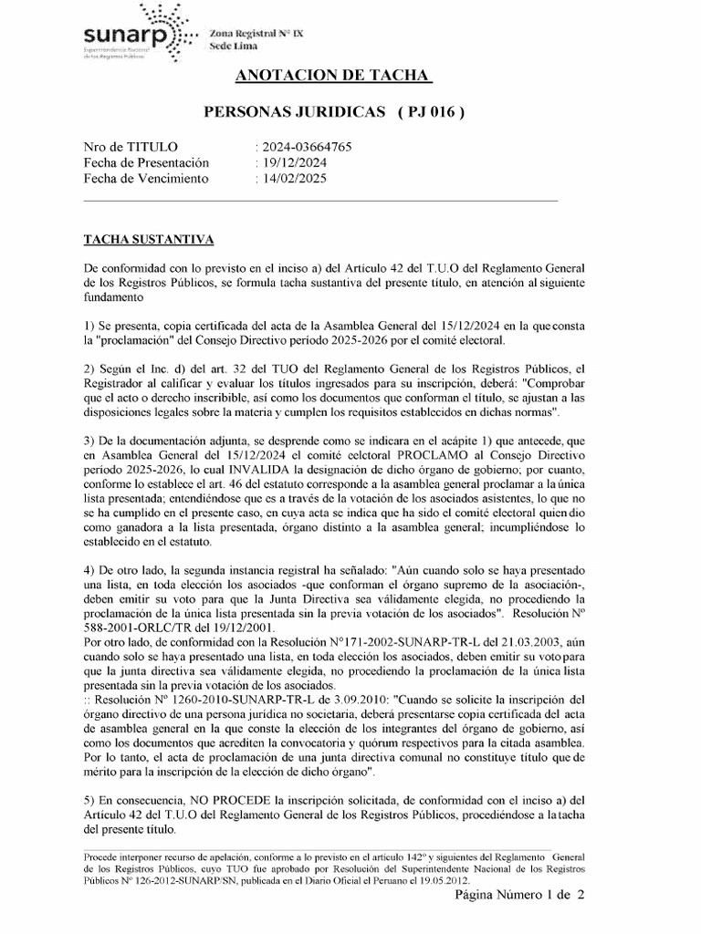 Sunarp Tacha Junta Directiva de Asociación Cabanista 2025-2026 | PDF