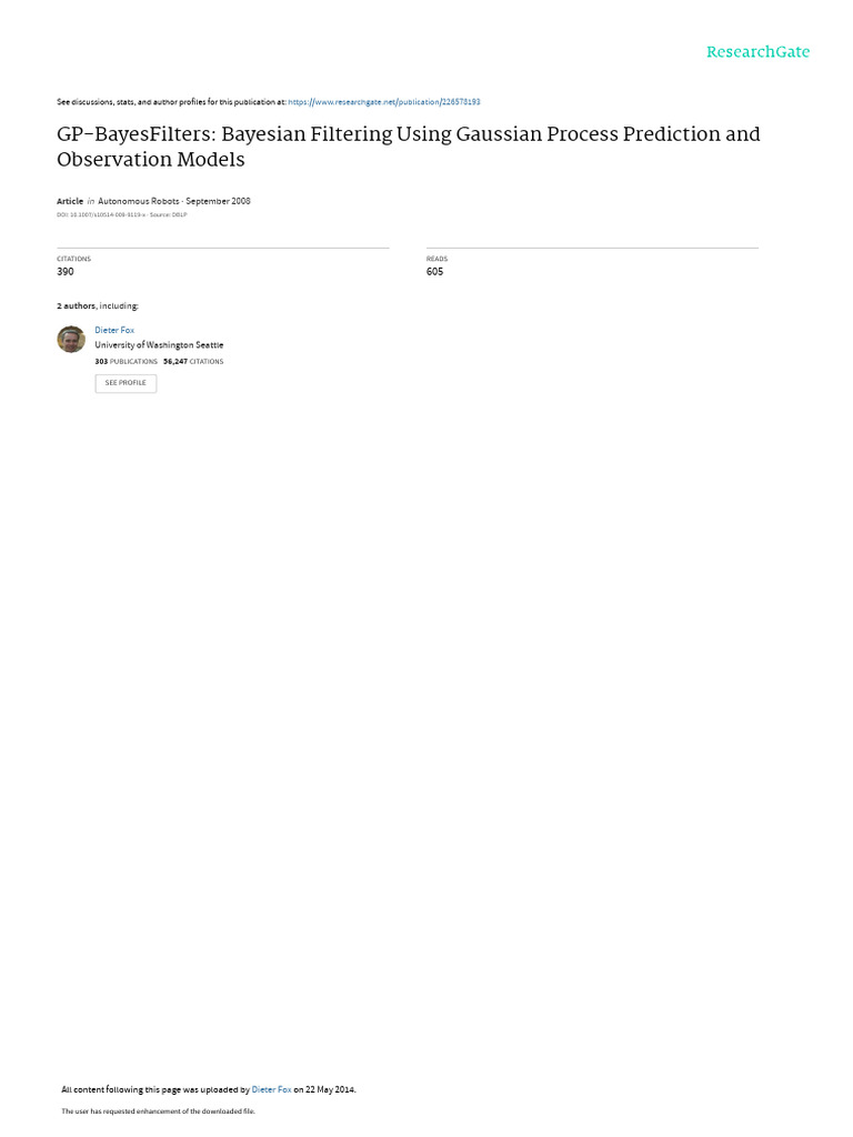 Bayesian filtering using Gaussian process prediction and observation ... Bayesian filtering using Gaussian process prediction and observation ...
